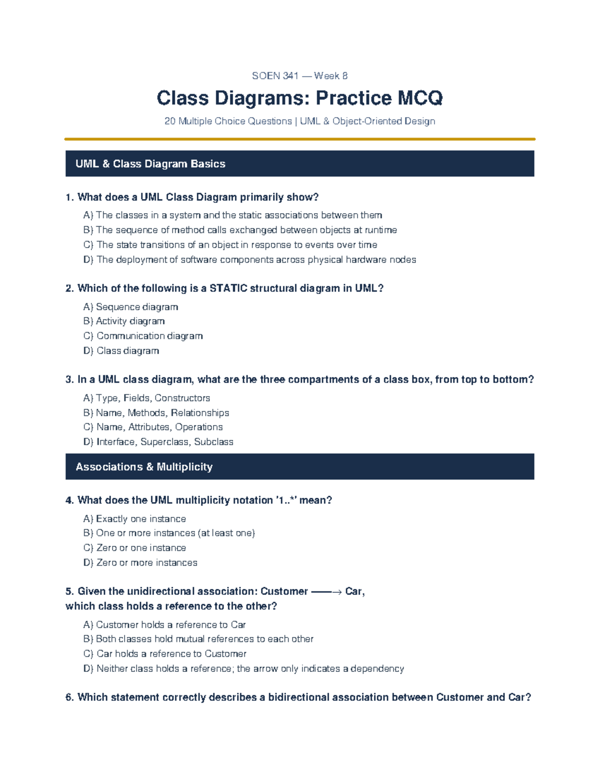 SOEN 341 Week 8 Class Diagrams: MCQ Practice on UML Basics - Studocu
