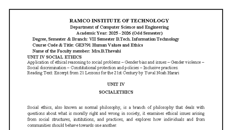 GE3791 Human Values and Ethics: Unit IV Social Ethics Notes - Studocu