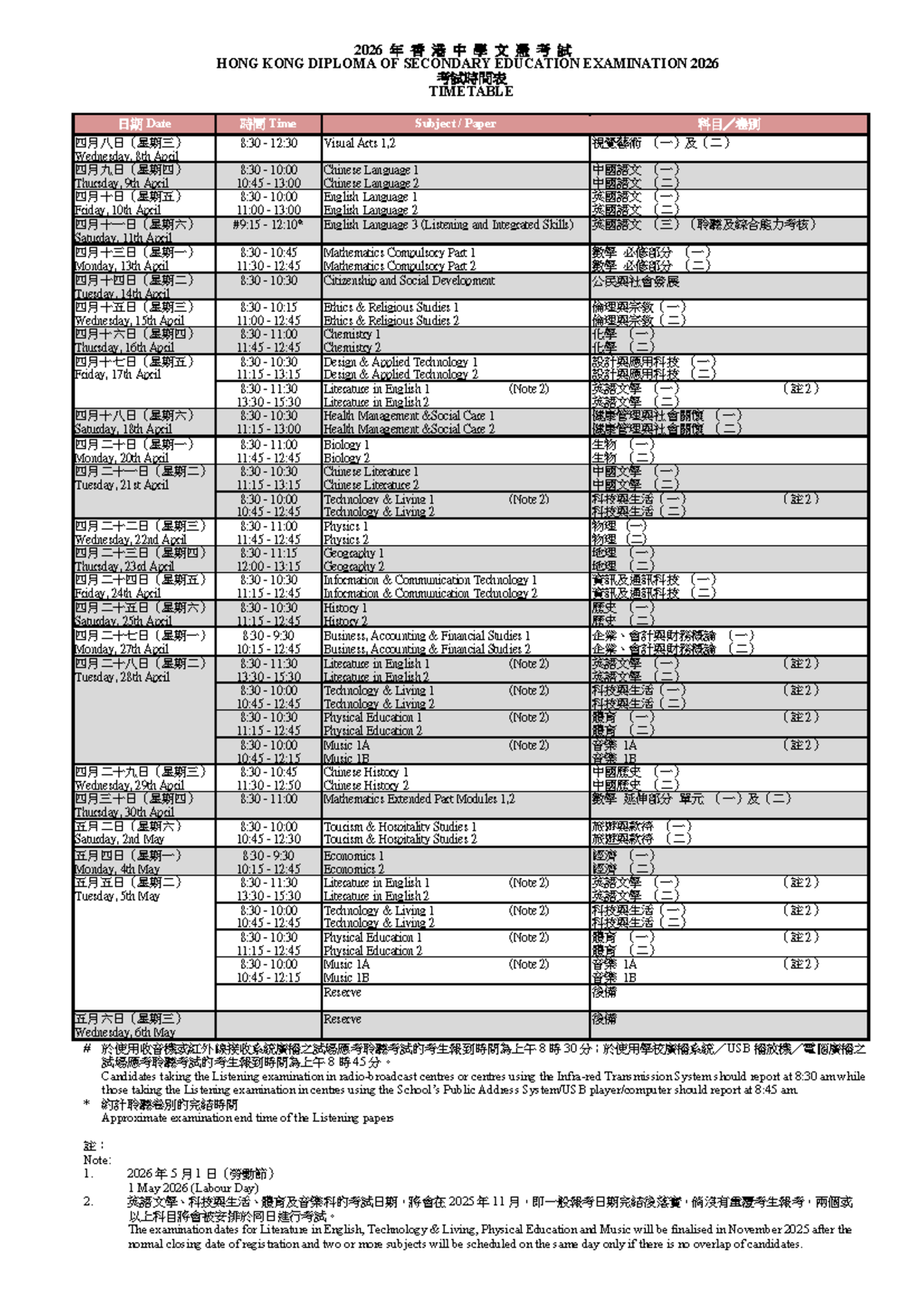 2026 DSE 考試時間表及科目安排 Timetable and Subject Schedule - Studocu