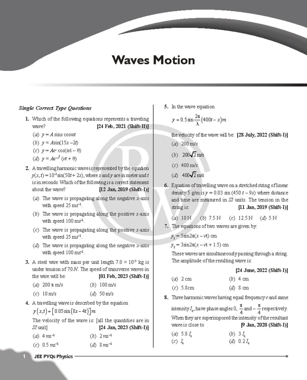 Waves Motion PYQ Practice Sheet for JEE Physics - Studocu