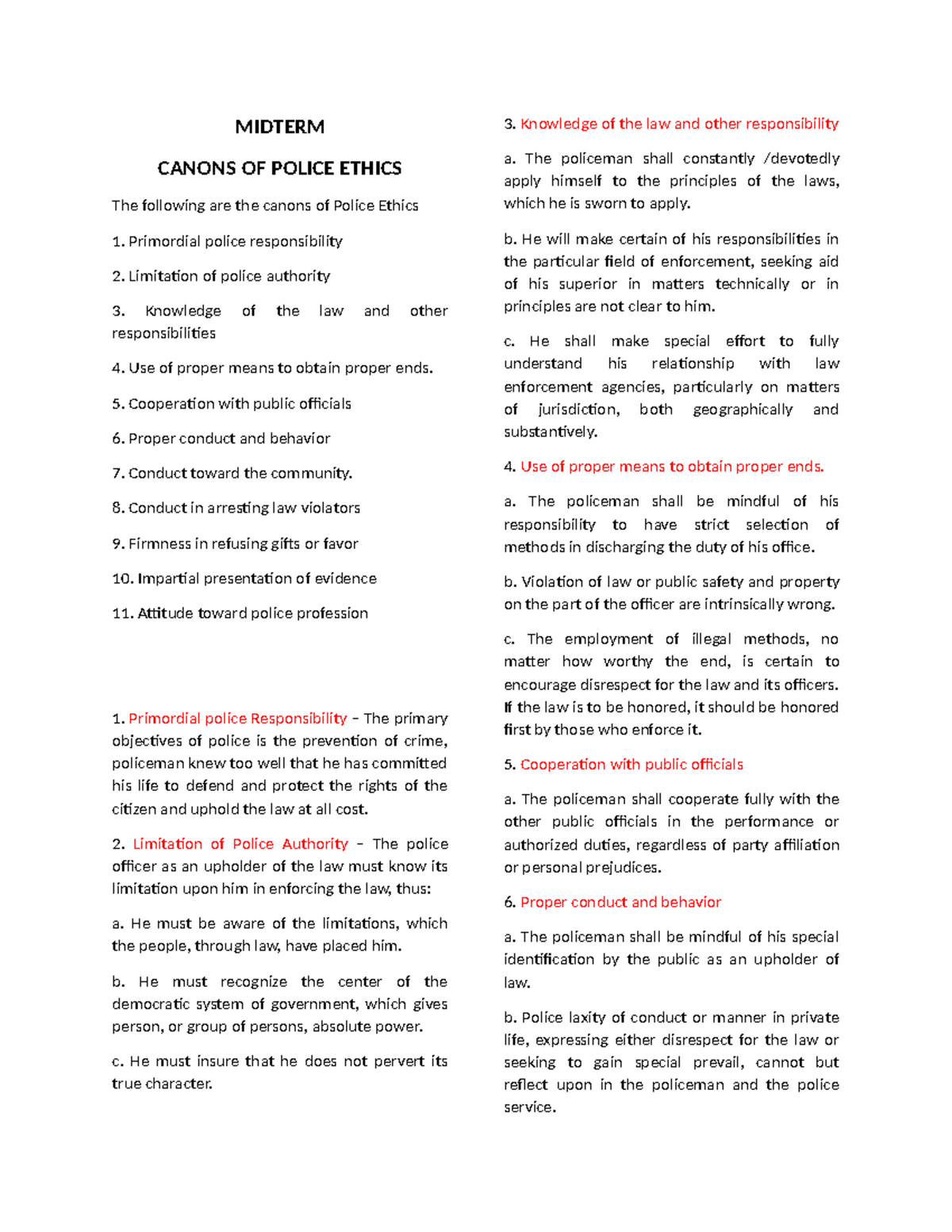 Midterm Exam Notes - Canons of Police Ethics & Core Principles - Studocu