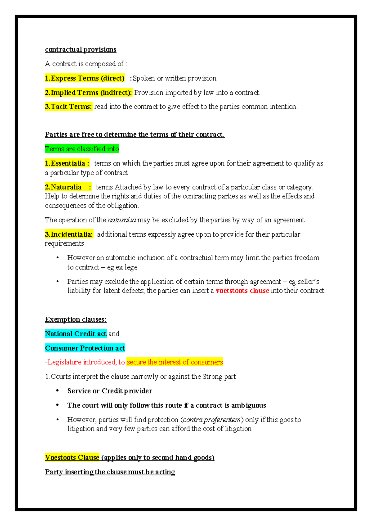 Contractual Provisions Overview: Essential Terms and Exemptions - Studocu