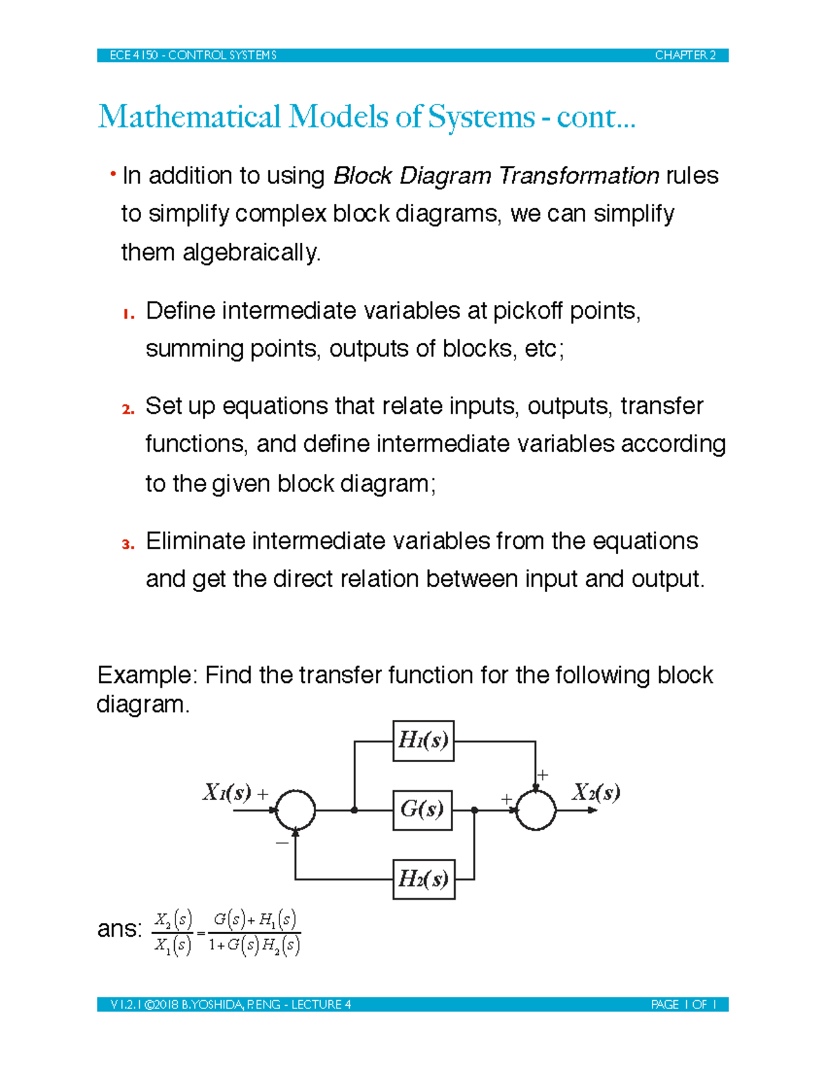 ECE 4150 CONTROL SYSTEMS CHAPTER 2: Mathematical Models & Block ...