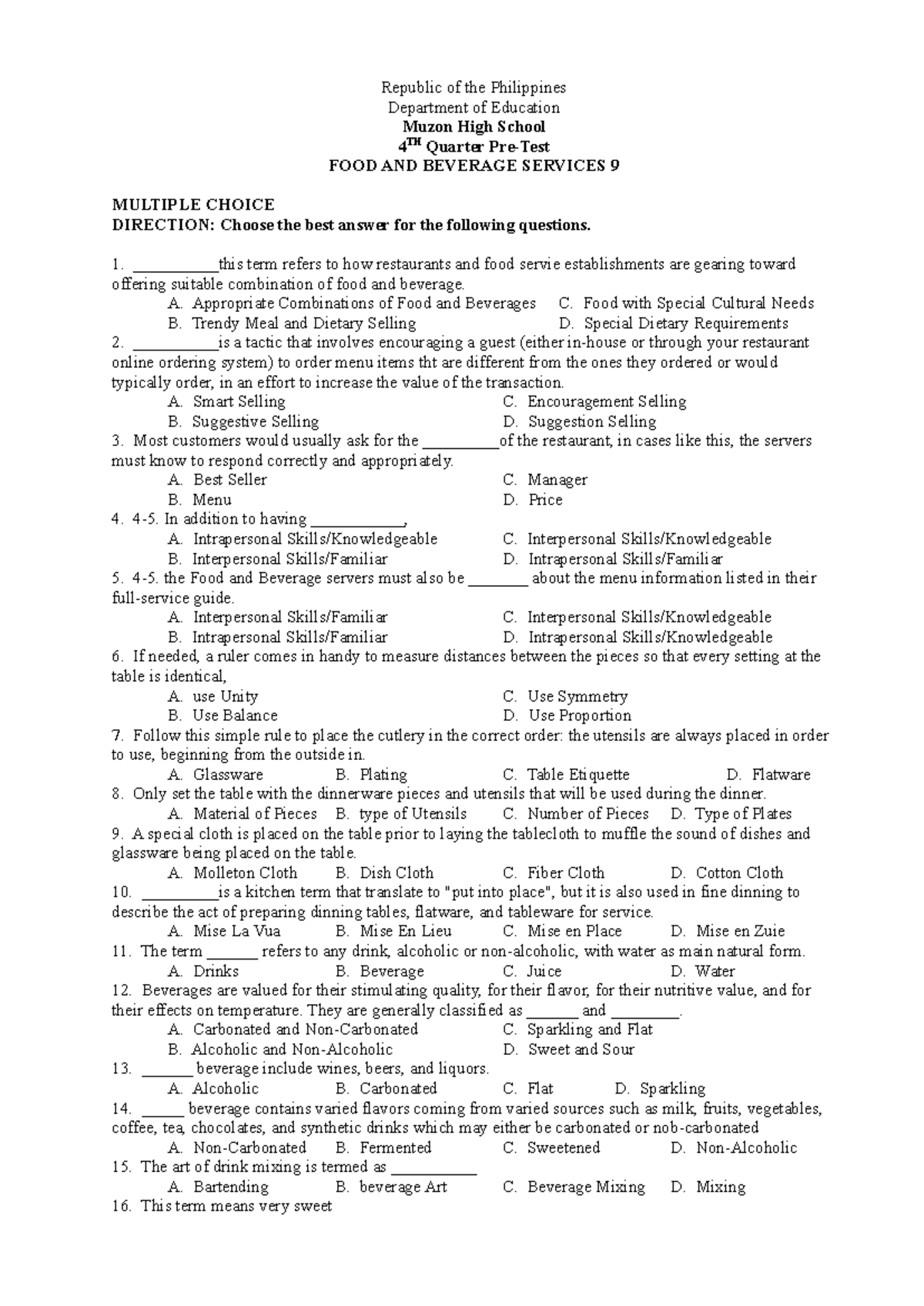 4TH Quarter Pre-Test in Food & Beverage Services (FBS) - Studocu