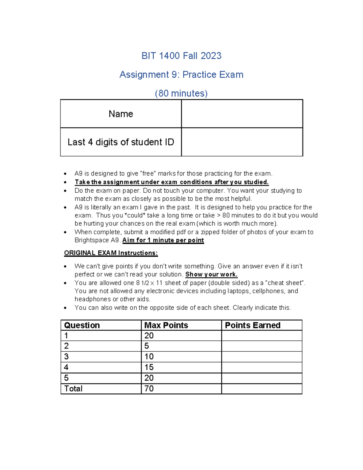 A9 Practice Exam for BIT 1400 Fall 2023 (80 Minutes) - Studocu