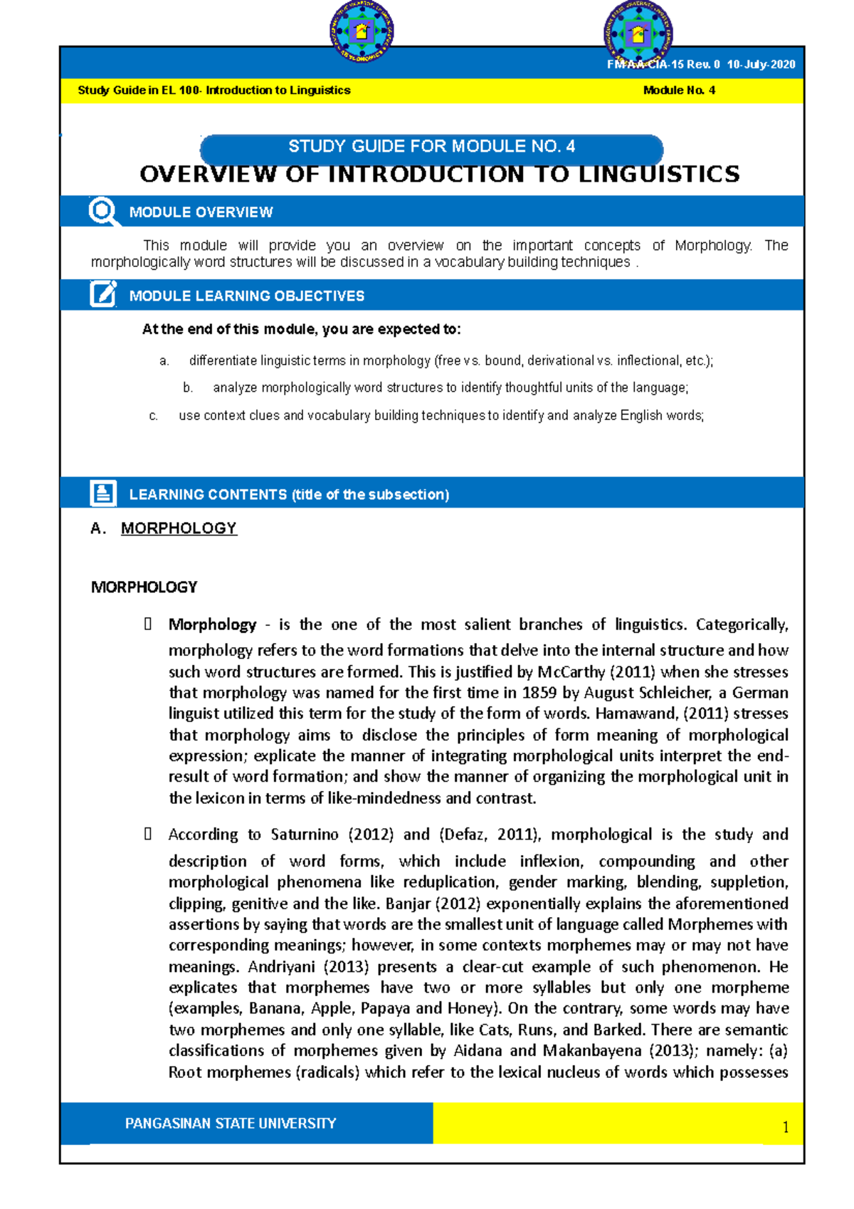 EL 100 Study Guide: Morphology in Introduction to Linguistics Module 4 - Studocu