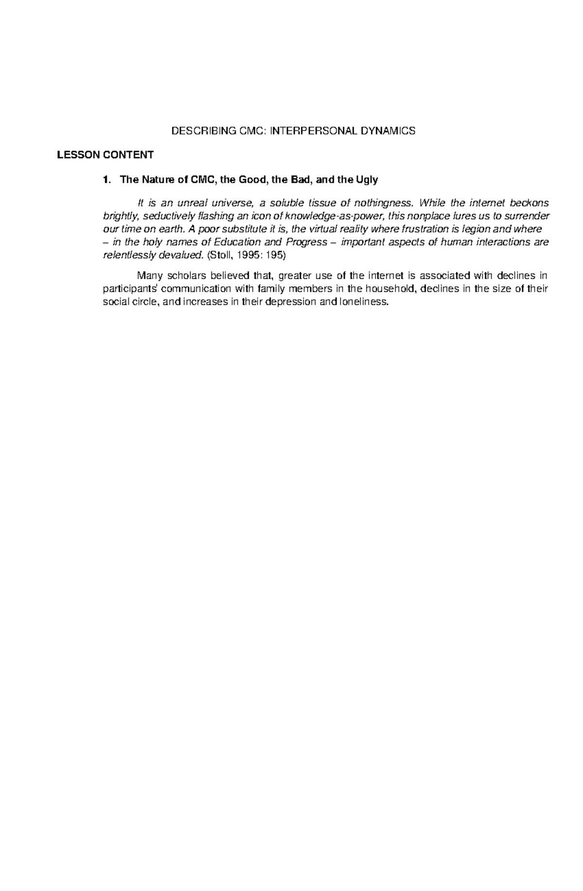 Computer Mediated Communication Lesson 3 - DESCRIBING CMC ...