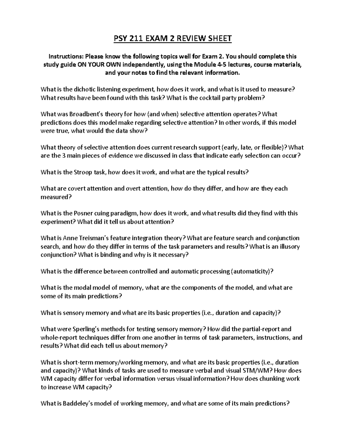 PSY 211 Exam 2 Review Sheet: Key Concepts in Attention & Memory - Studocu