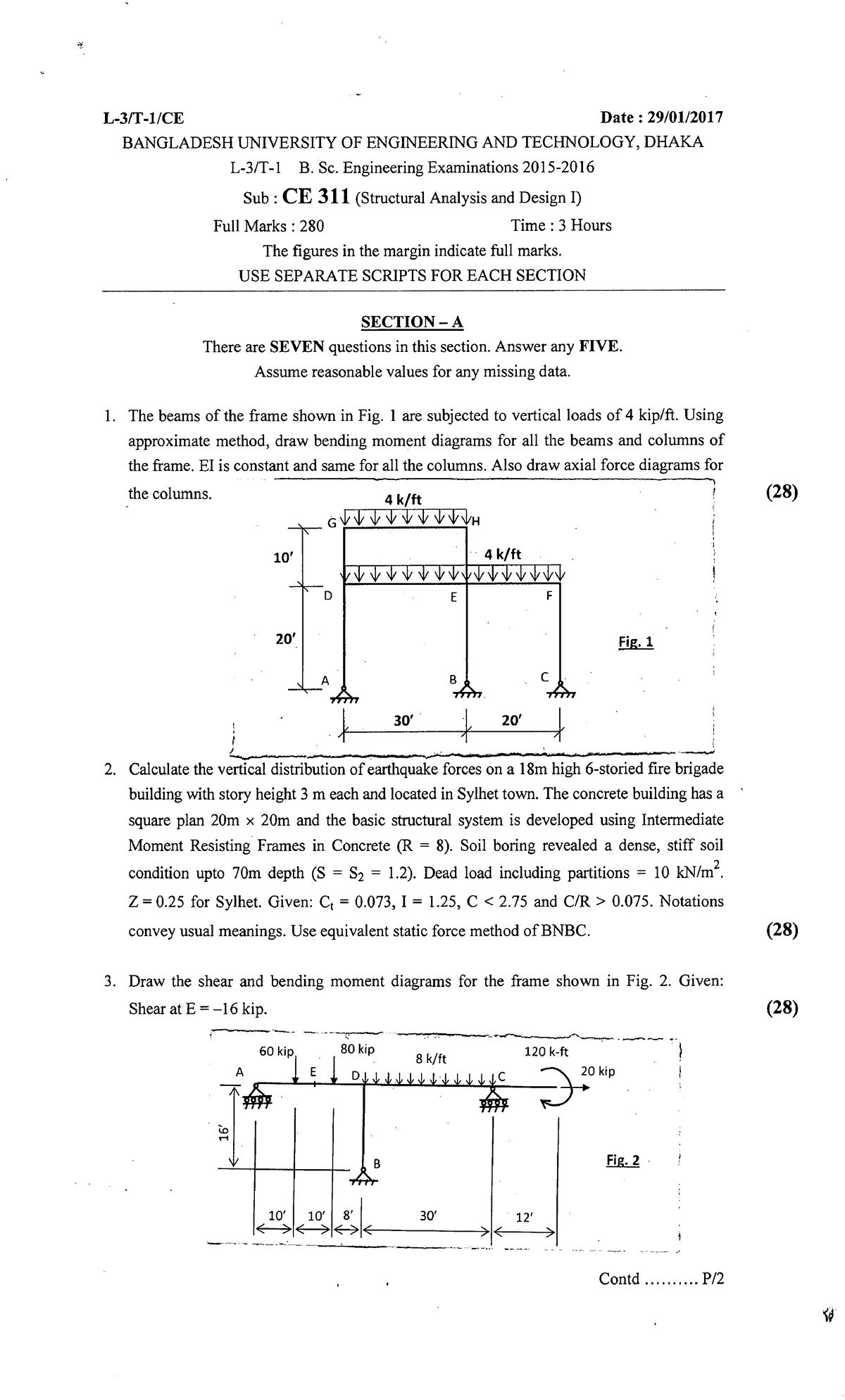 CE 311 Final Exam Questions - Structural Analysis and Design I - Studocu