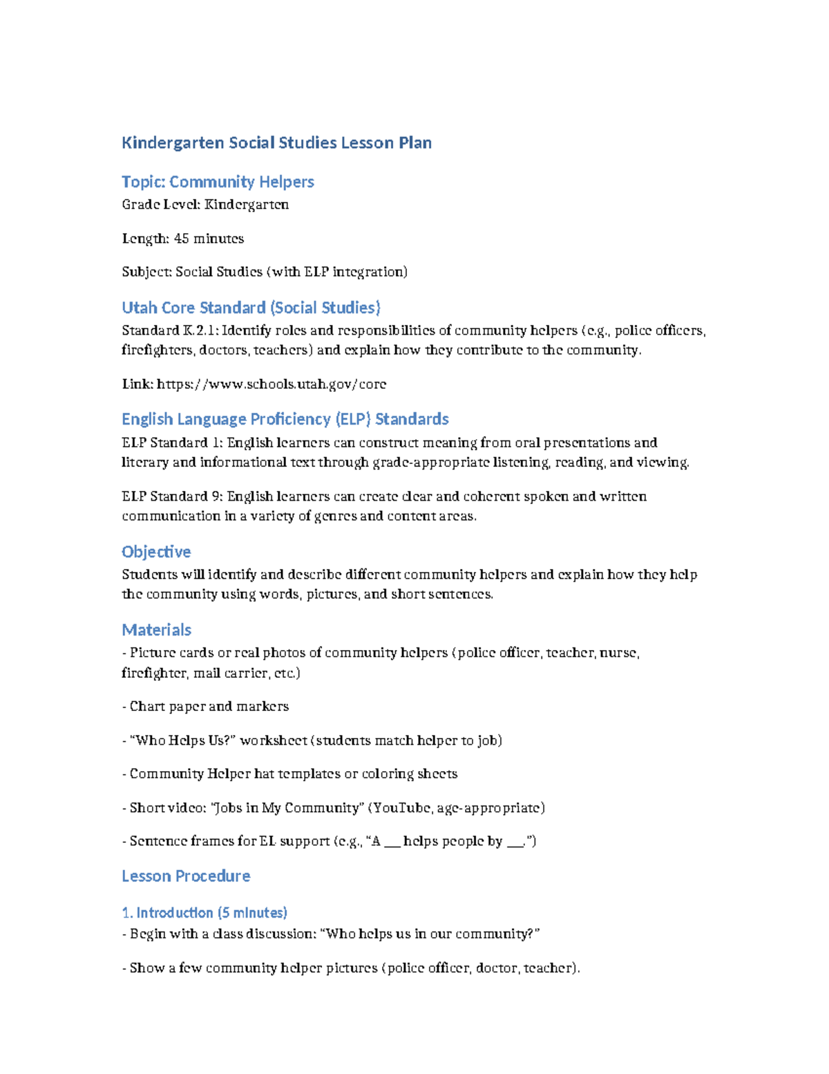 Kindergarten Social Studies Lesson Plan: Community Helpers (K.2.1 ...