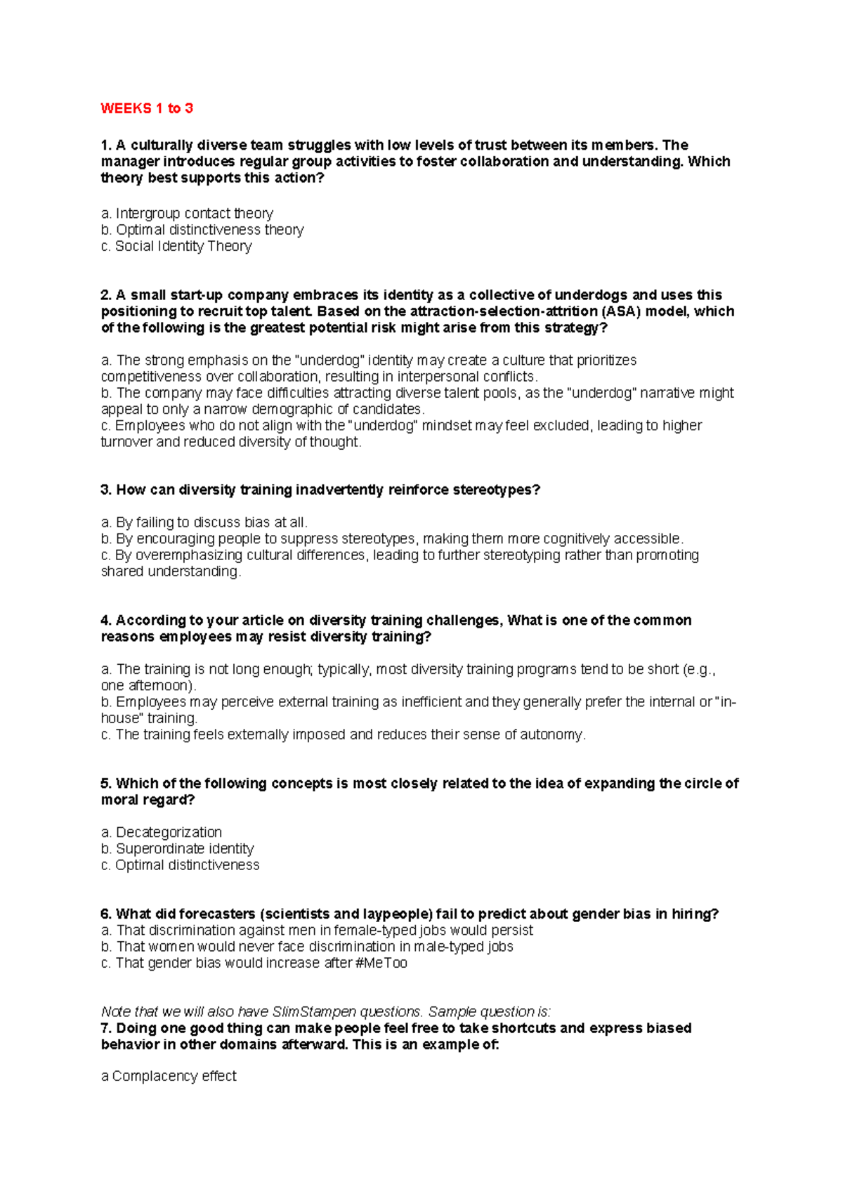 Diversity Exam Questions (WEEKS 1-3) - Sample Questions & Theories ...