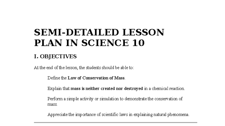 SEMI Detailed Lesson Plan in Science 10: Conservation of Mass - Studocu