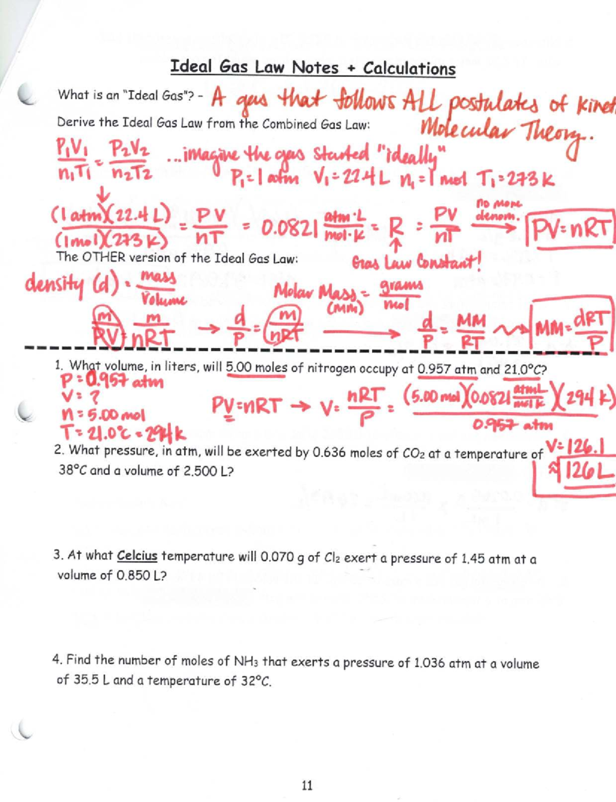 Ideal Gas Law Notes: Derivations and Calculations - Studocu