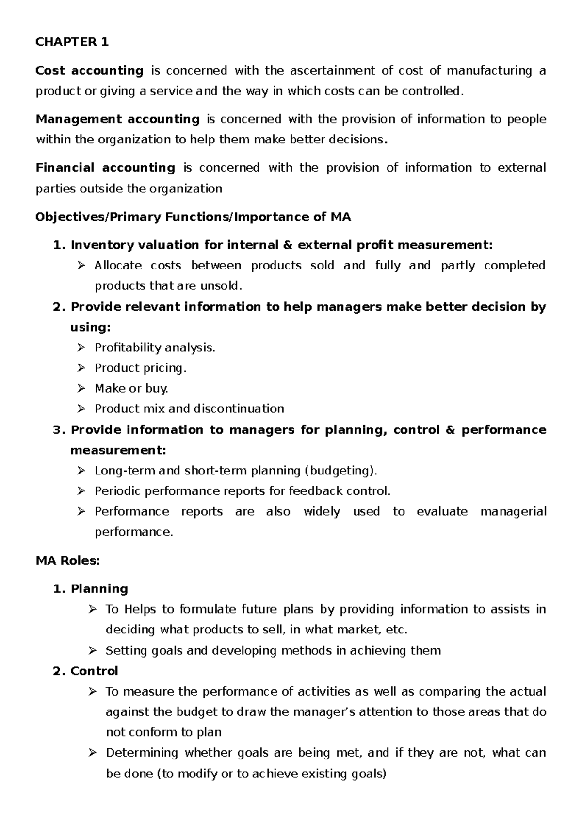MA 1 TEST 1 Notes: Cost & Management Accounting Overview - Studocu