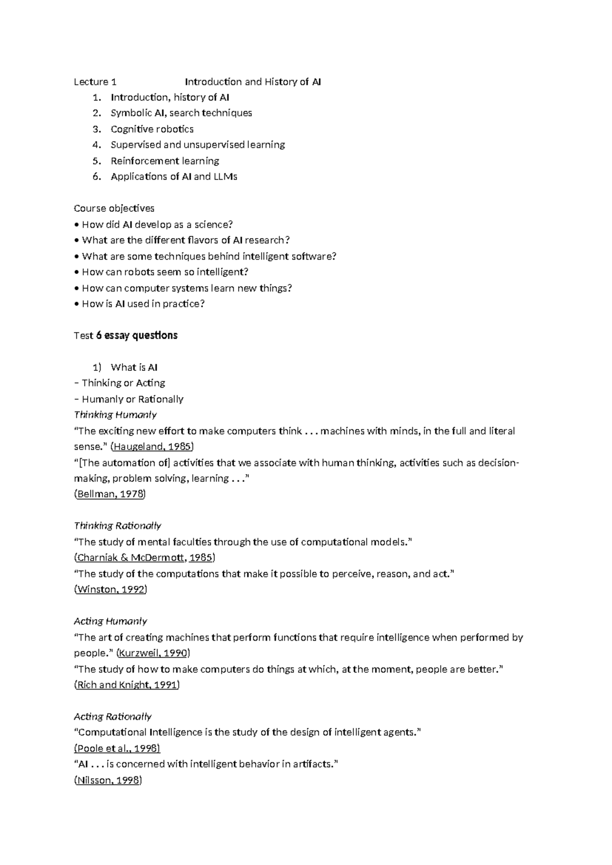 Lecture 1: Introduction and History of AI (CS101) - Studeersnel