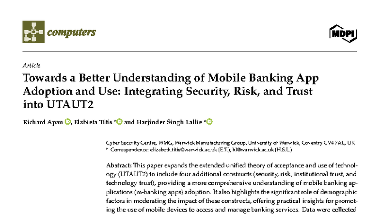 Understanding Mobile Banking App Adoption: Security, Risk, and Trust in UTAUT2 - Studocu