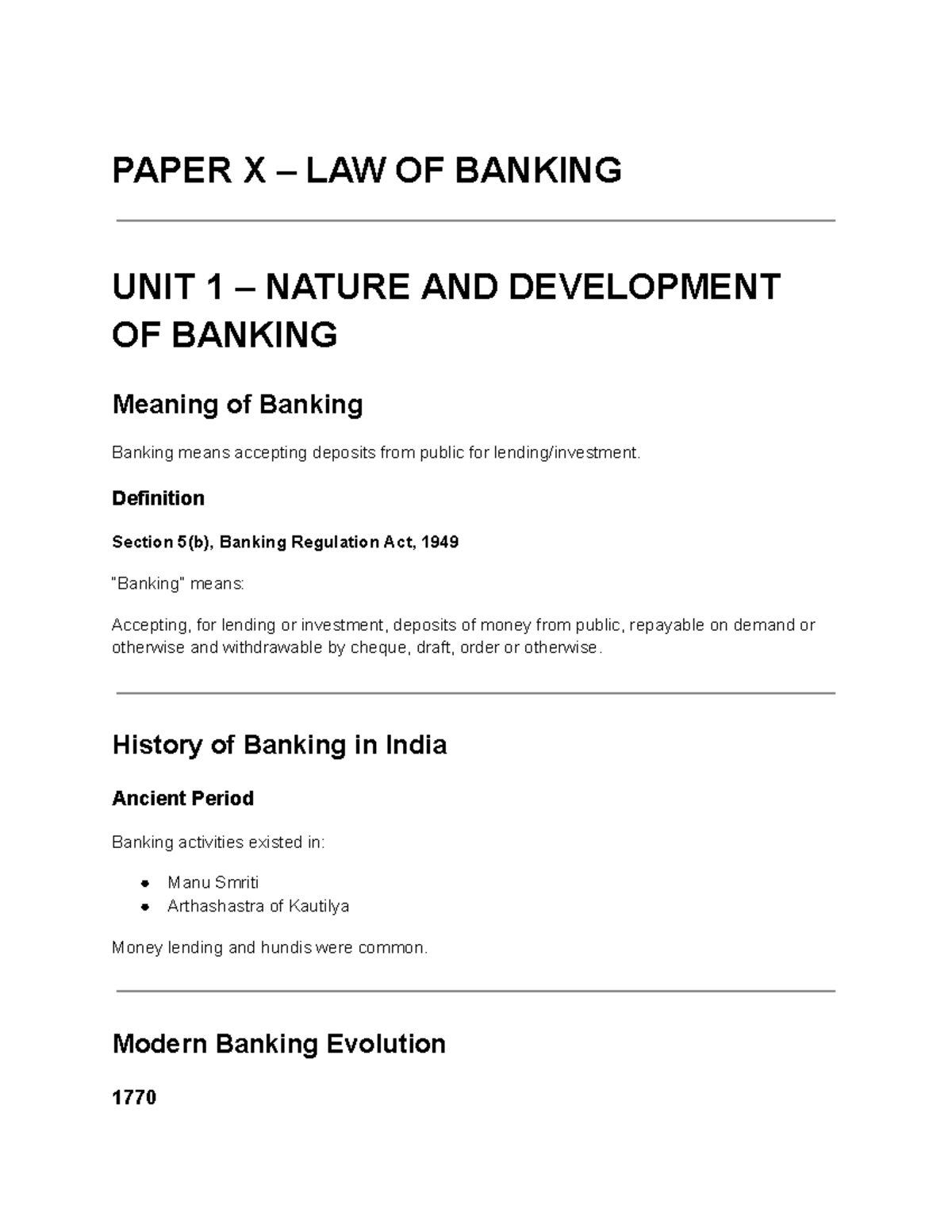 PAPER X LAW OF BANKING UNIT 1 & 2: NATURE, DEVELOPMENT & RELATIONSHIP ...