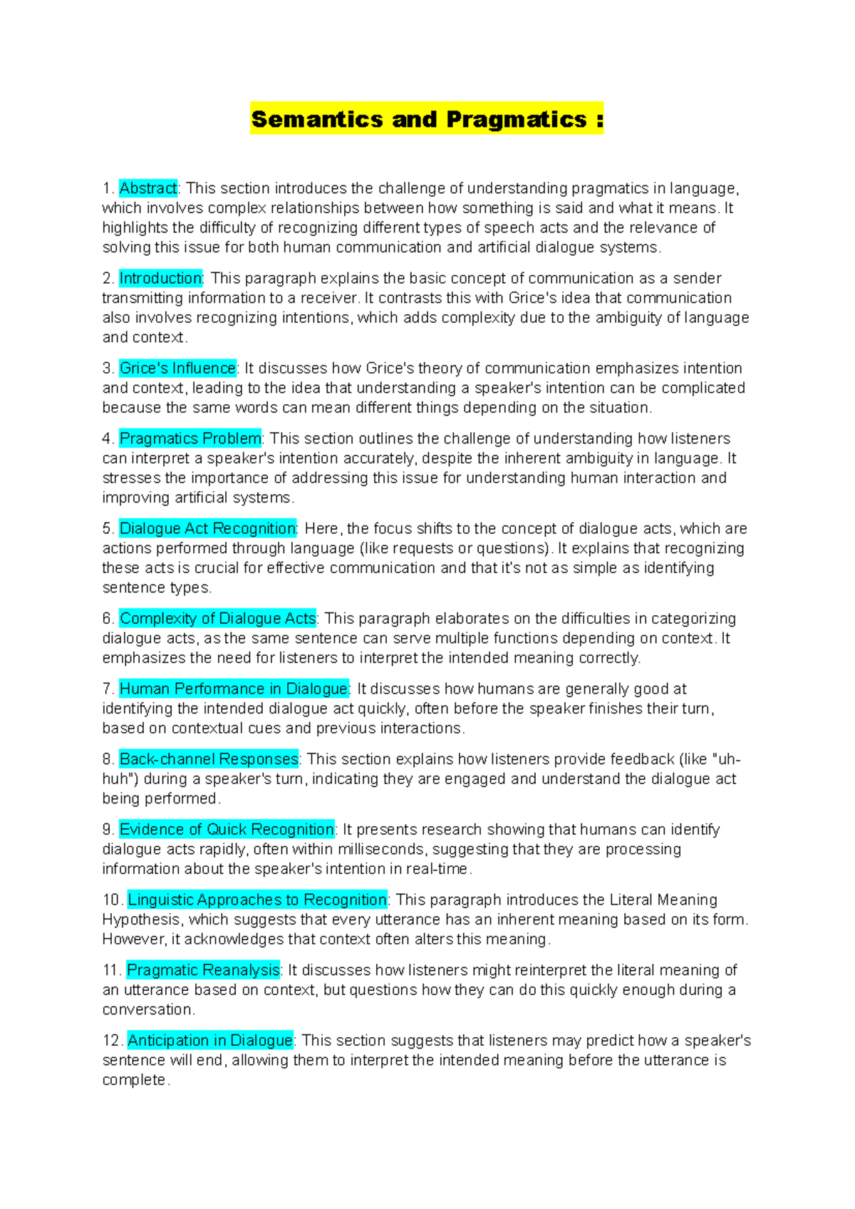 Semantics and Pragmatics: Understanding Dialogue Acts and Intentions - Studocu