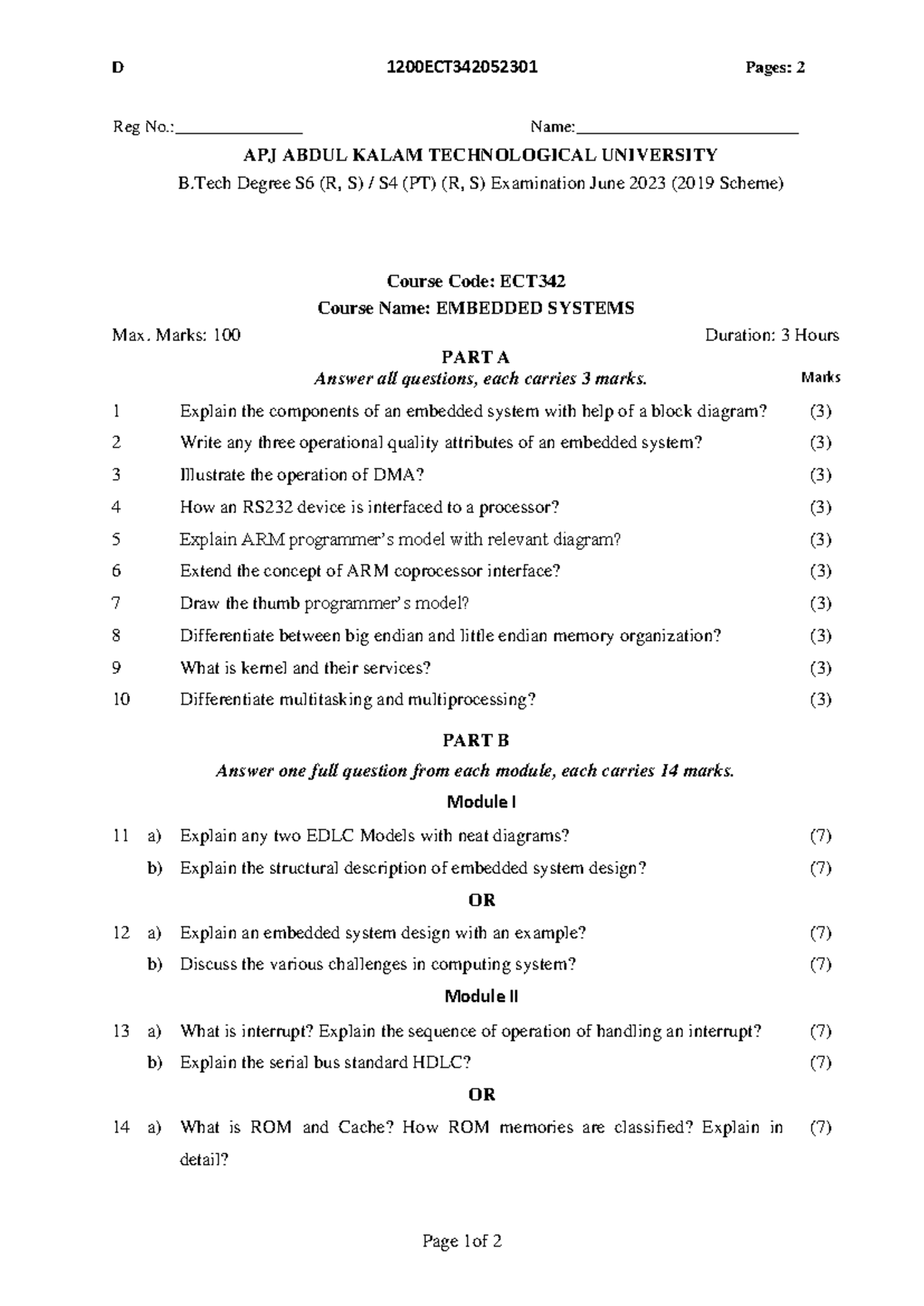 ECT342 June 2023 Exam: Embedded Systems Questions & Answers - Studocu