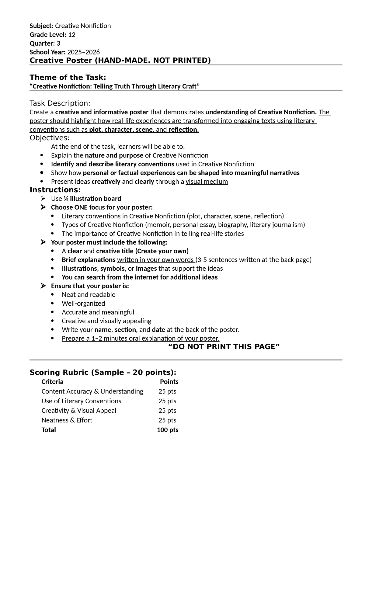 CNF-12 Creative Nonfiction Poster Project Guidelines - Studocu