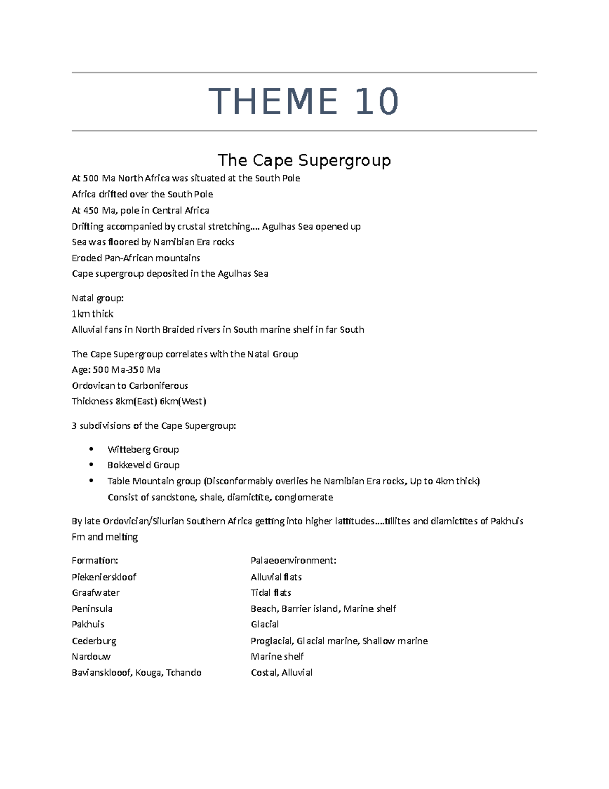 Theme 10: Geology Summary of the Cape Supergroup and Its Evolution ...