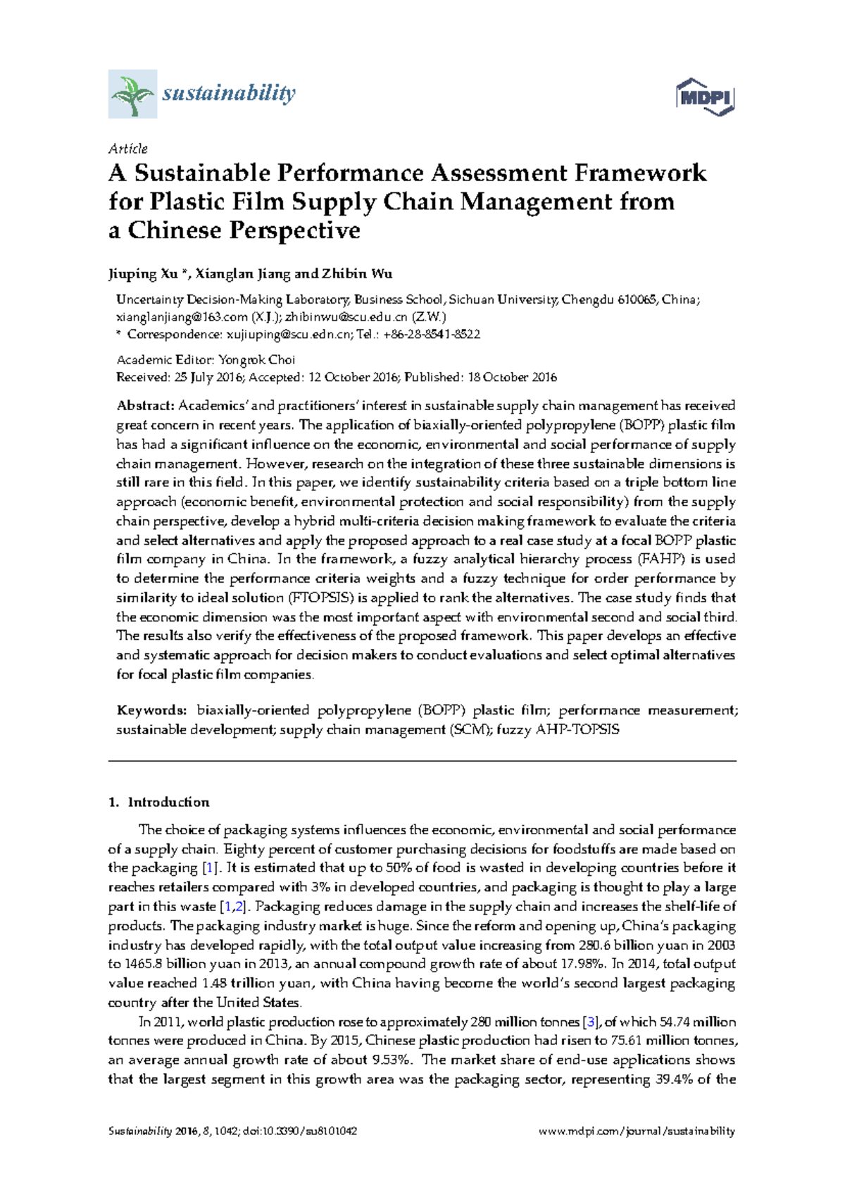 SUST 101: Sustainable Performance Assessment Framework for BOPP Supply ...