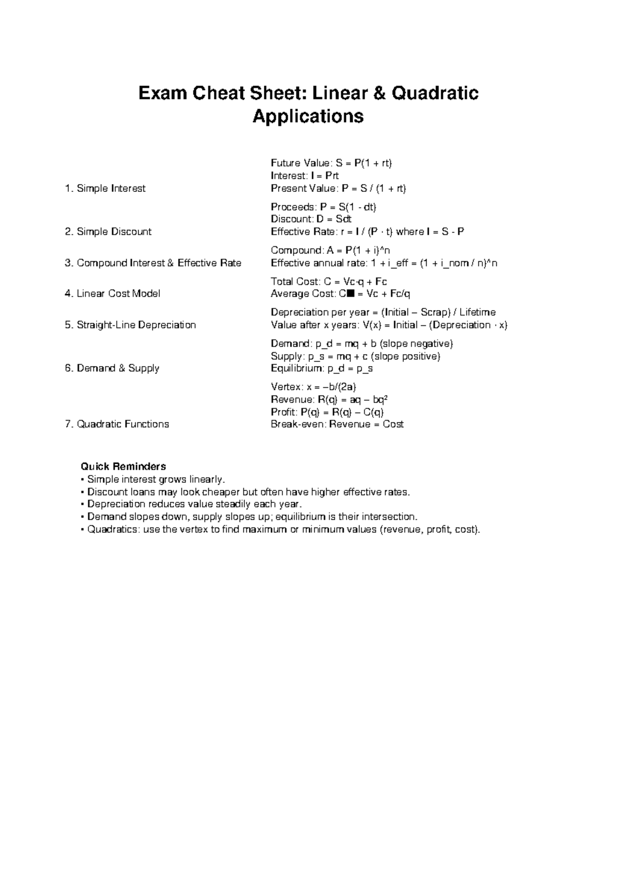 Linear Quadratic Applications Cheat Sheet: Exam Prep Guide - Studocu