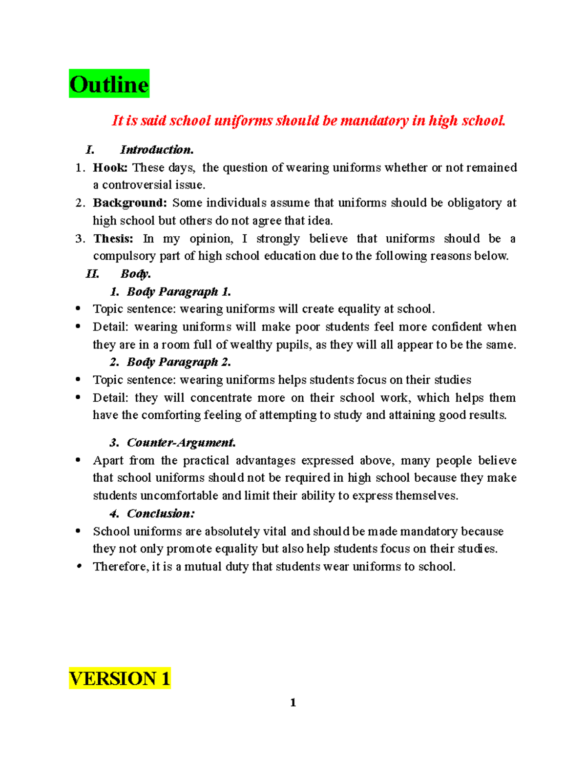 24. Nguyễn Thành Trung. It is said school uniforms should be mandatory in high school - Outline ...