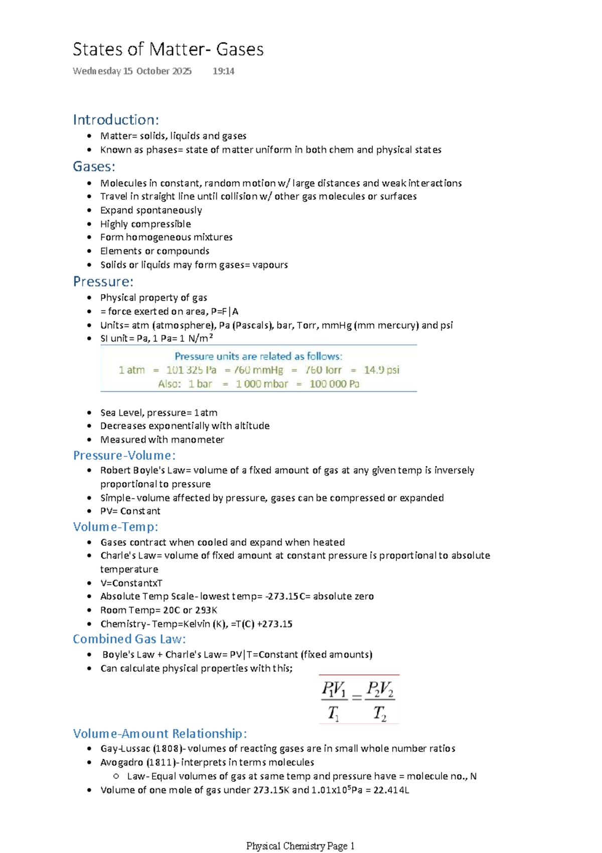 States of Matter and Gas Laws - Physical Chemistry Lecture Notes - Studocu