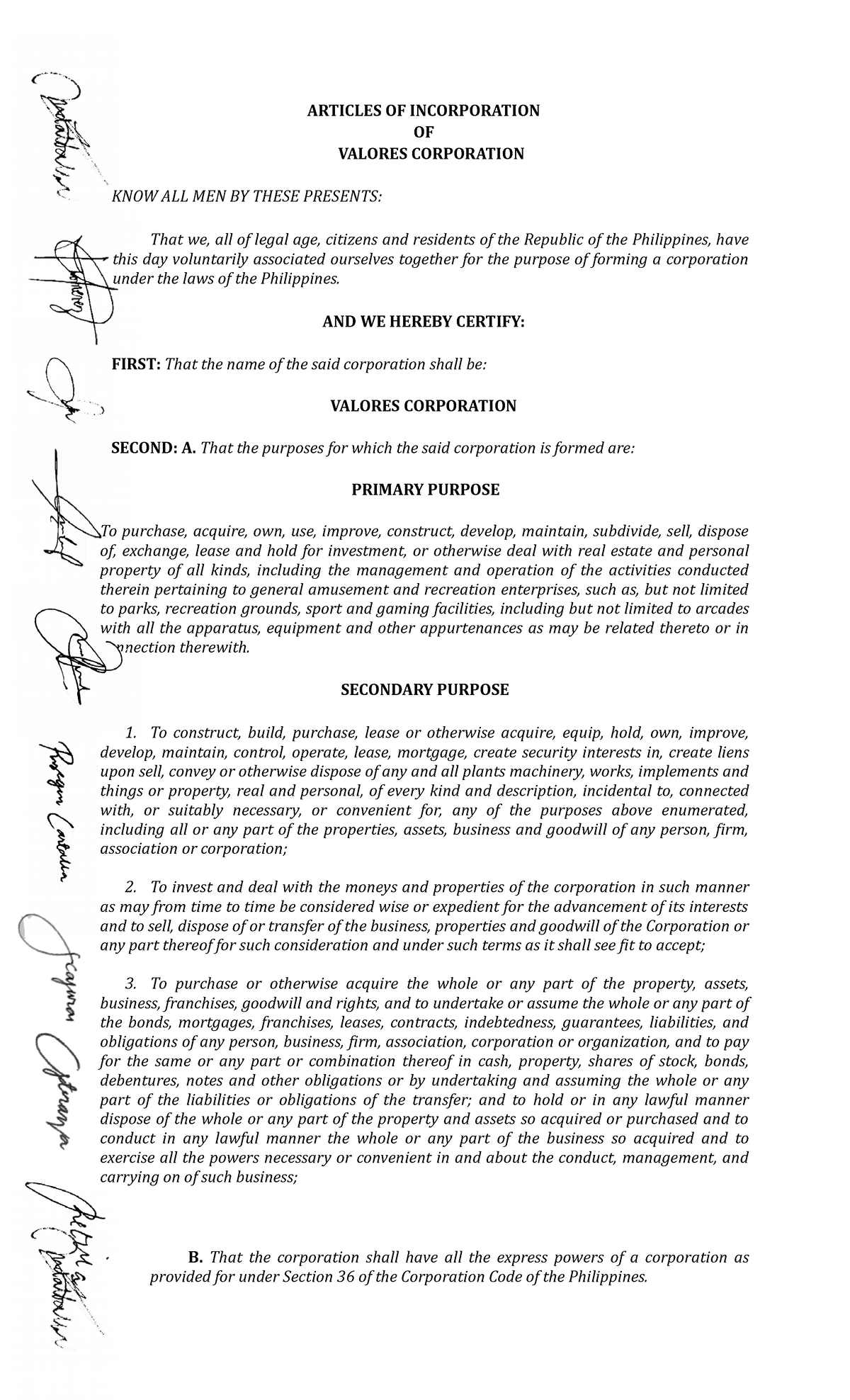 AOI Draft - Articles of Incorporation for Valores Corp. - Studocu