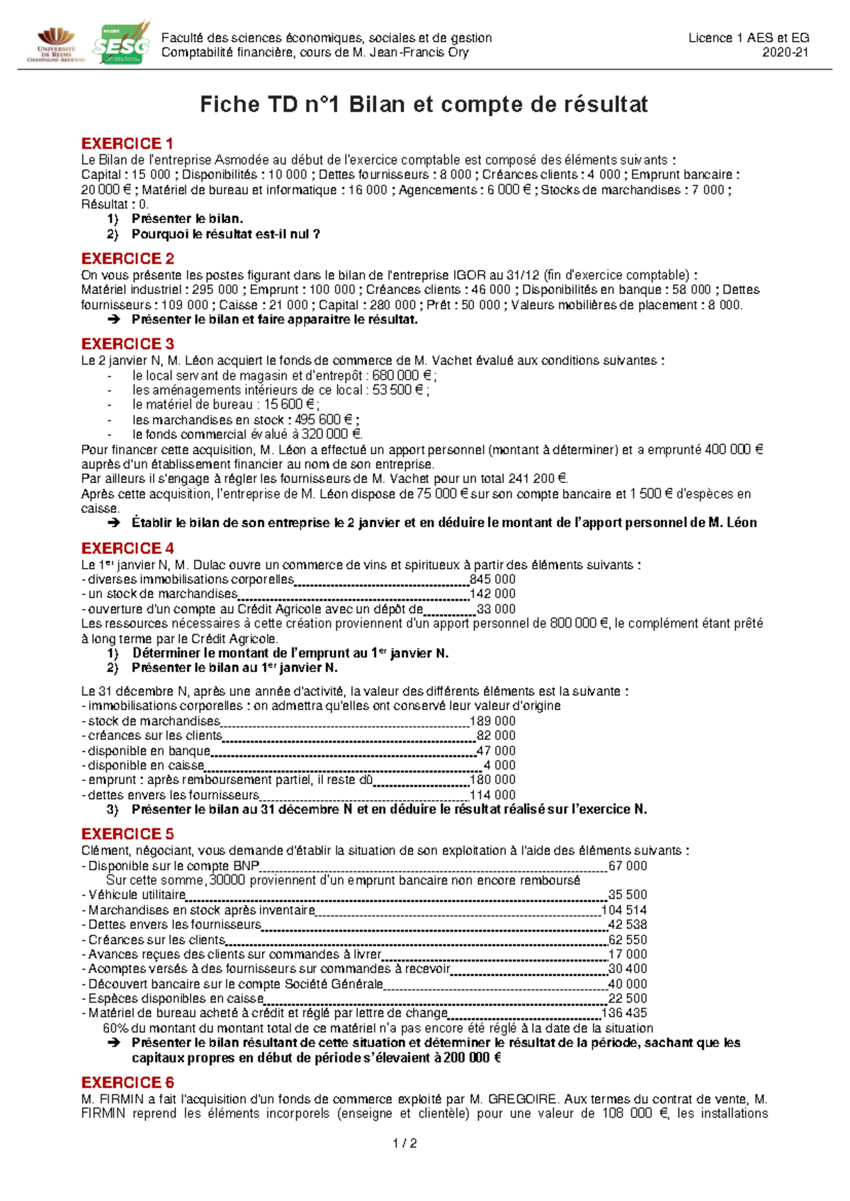 TD1 - Fiche TD: Bilan et Compte de Résultat en Comptabilité financière - Studocu