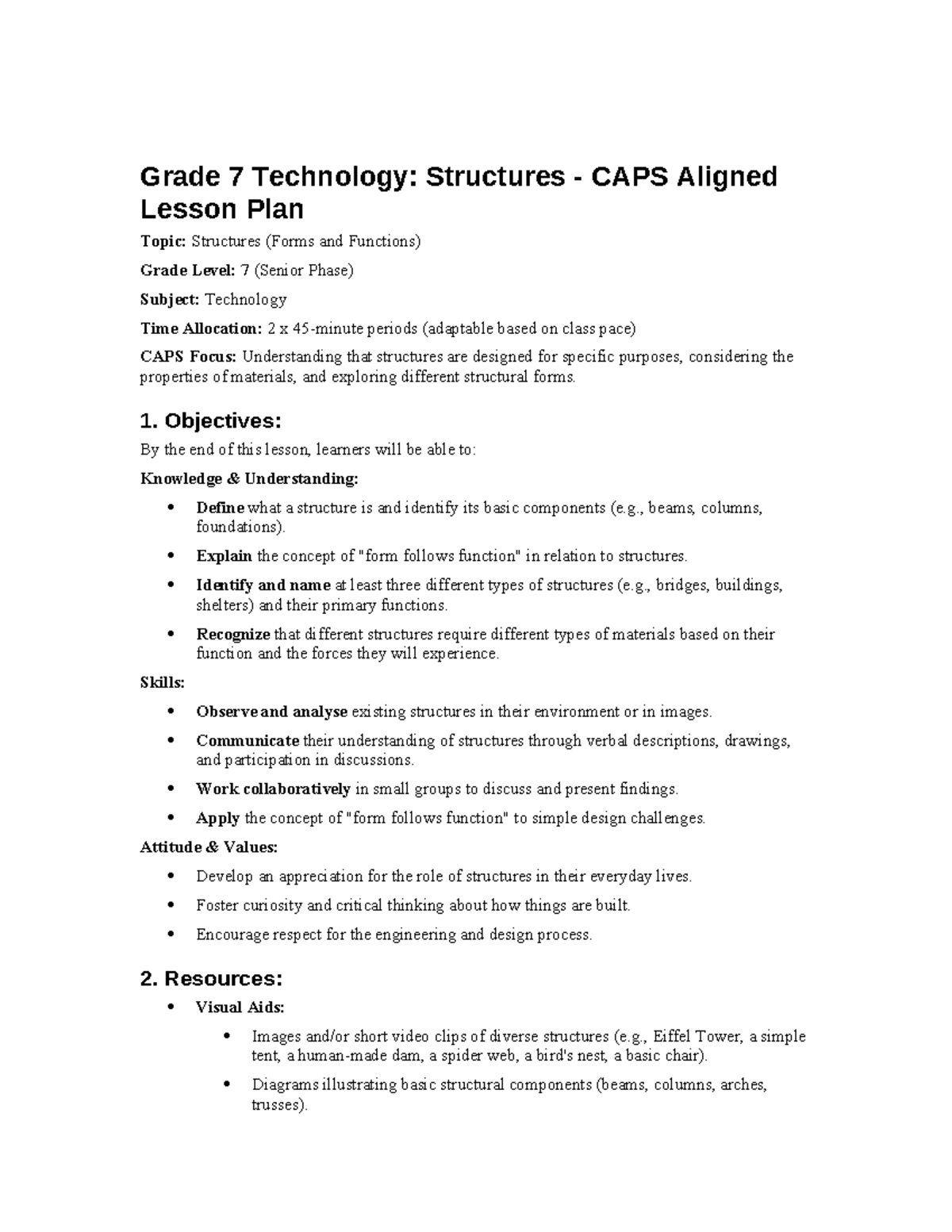Grade 7 Technology: Lesson Plan on Structures and Functions - Studocu