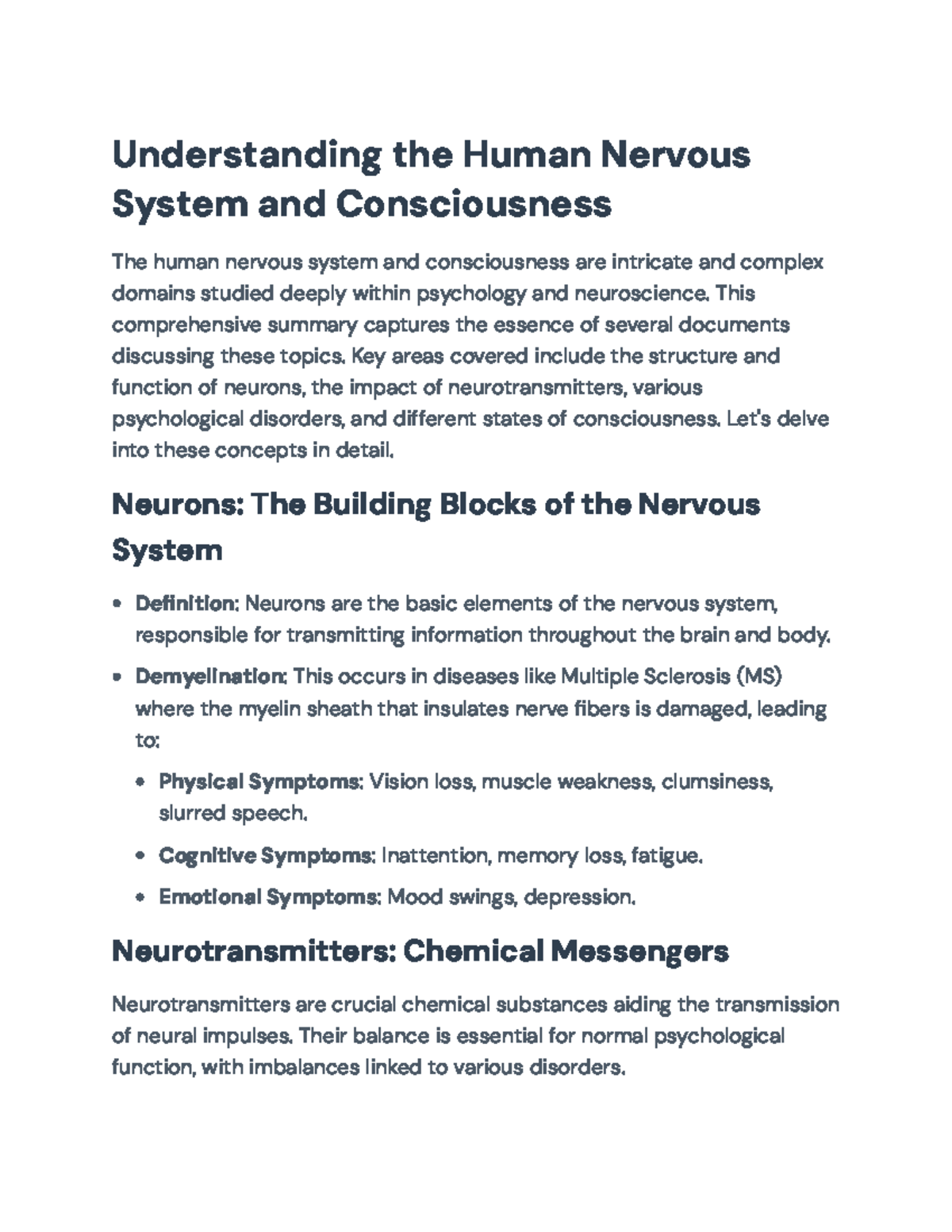 Understanding the Human Nervous System and Consciousness (PSY 101 ...