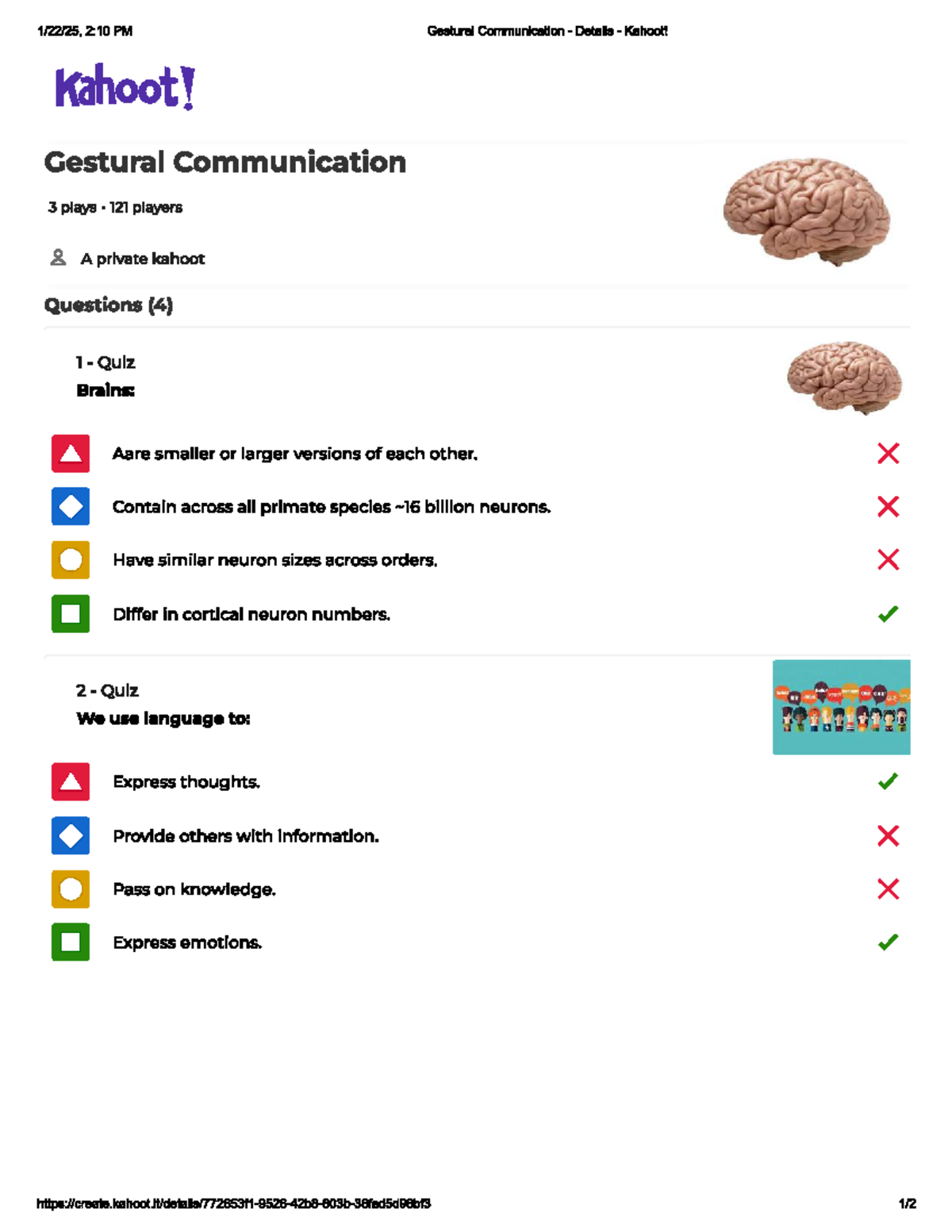 Lecture 5: Gestural Communication - Kahoot Quiz Details - Studocu