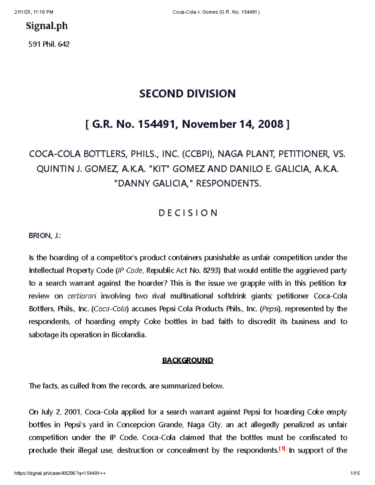 Coca-Cola v. Gomez (G.R. No. 154491) - Unfair Competition Case Analysis ...