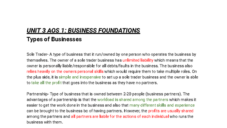 UNIT 3 AOS 1: BUSINESS FOUNDATIONS - Types of Businesses & Objectives ...