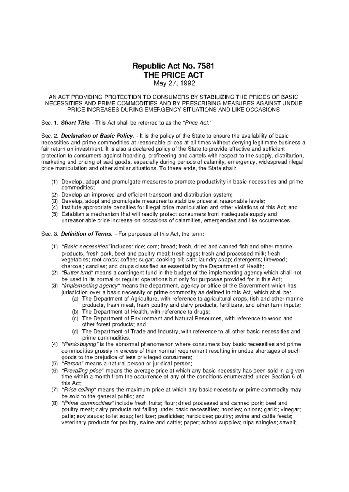R.A. No. 7581: The Price Act - Consumer Protection & Price ...