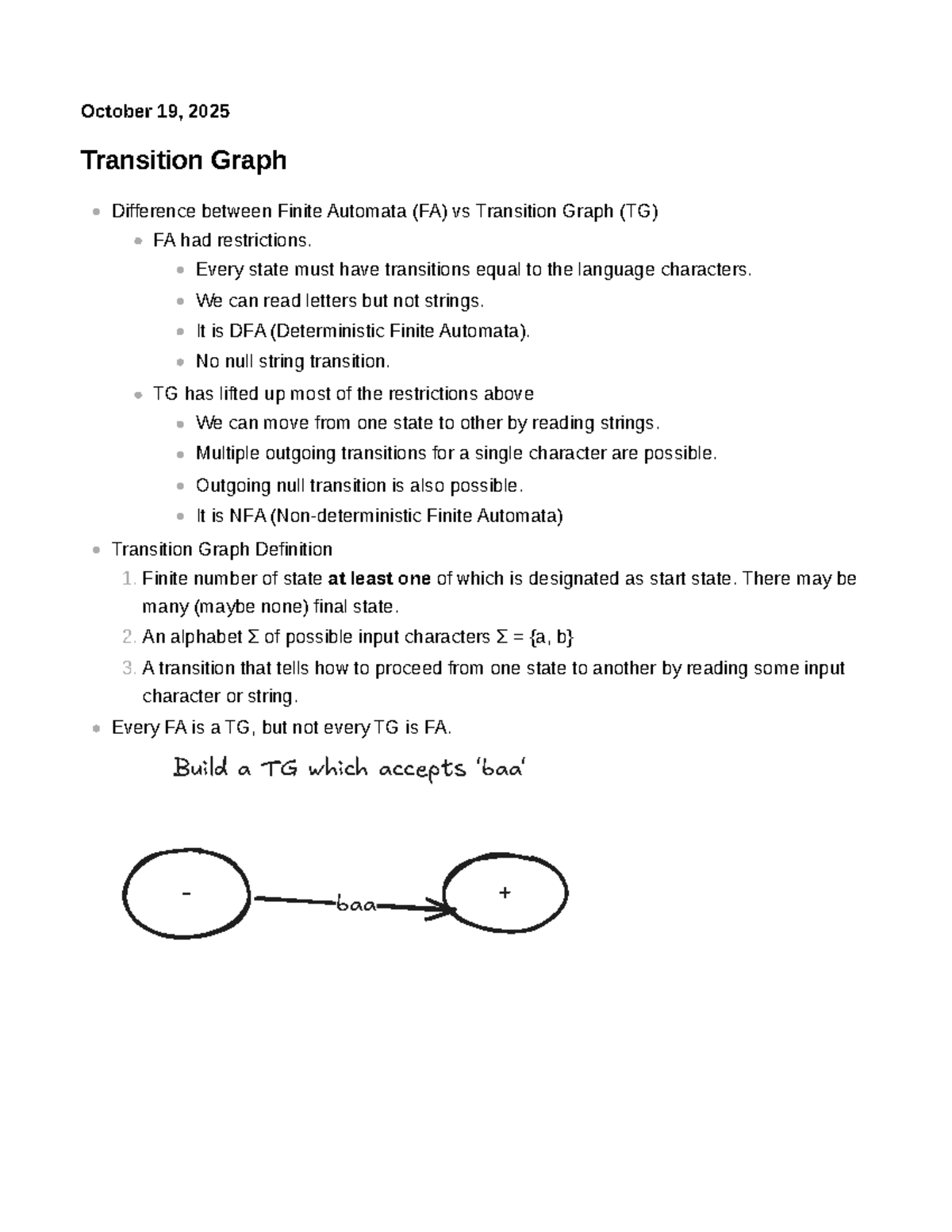 Lecture 5: Transition Graphs vs Finite Automata (FA vs TG) - Studocu