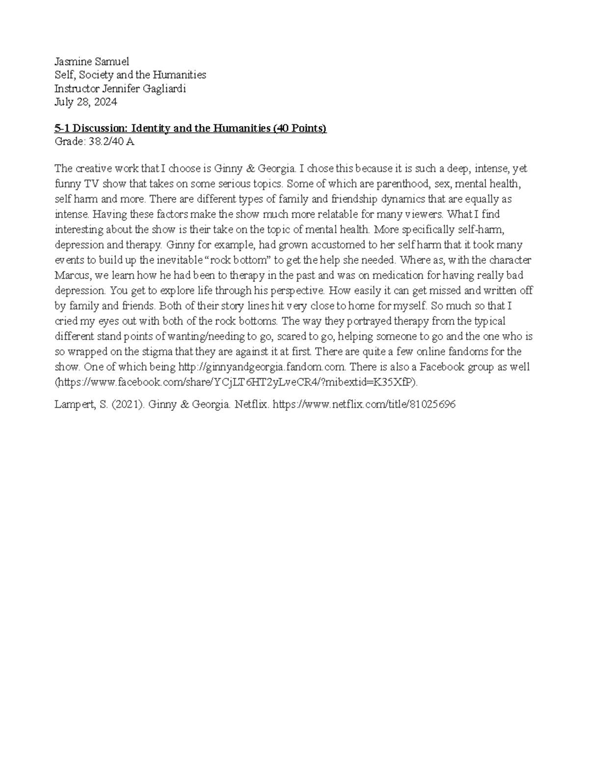 5-1 Discussion: Exploring Identity Themes in Ginny & Georgia (40 pts ...