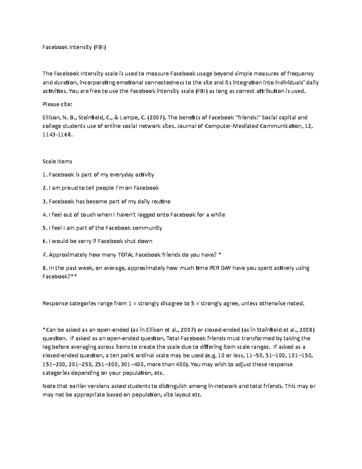 Facebook Intensity Scale (FBI) - High Validity Research Guide - Studocu