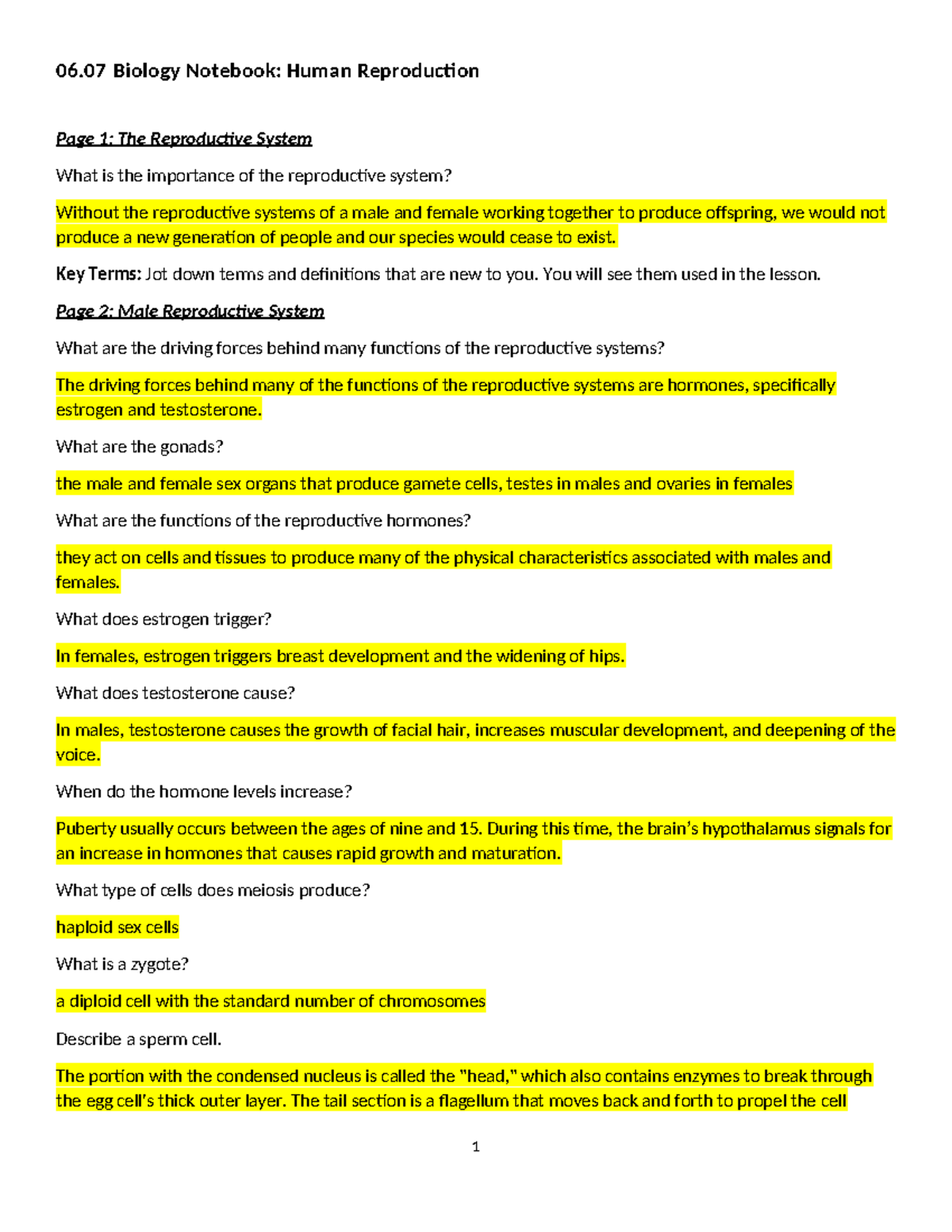 Human Reproduction: Biology 06.07 Notes on Male & Female Systems - Studocu