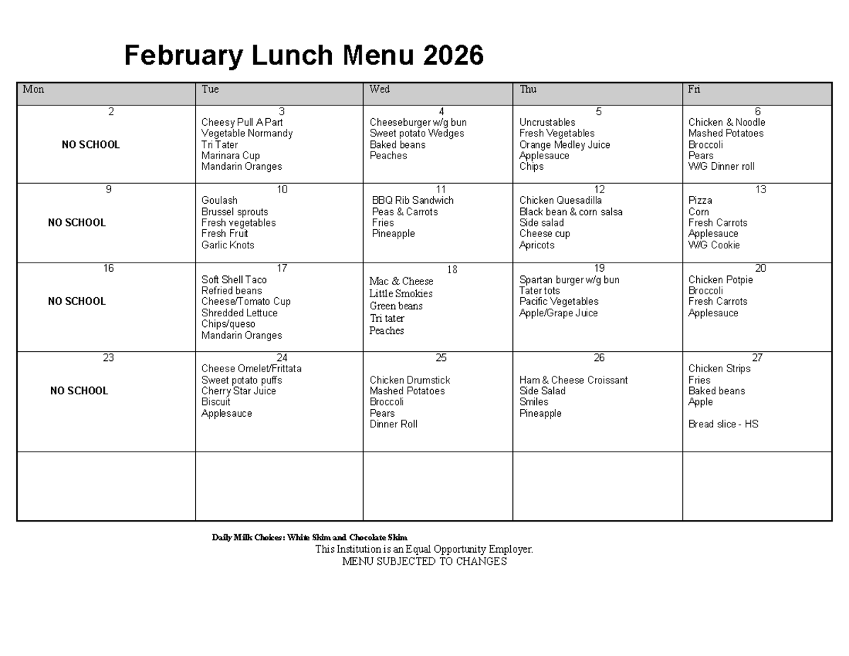 February 2026 Lunch Menu - Weekly Overview - Studocu