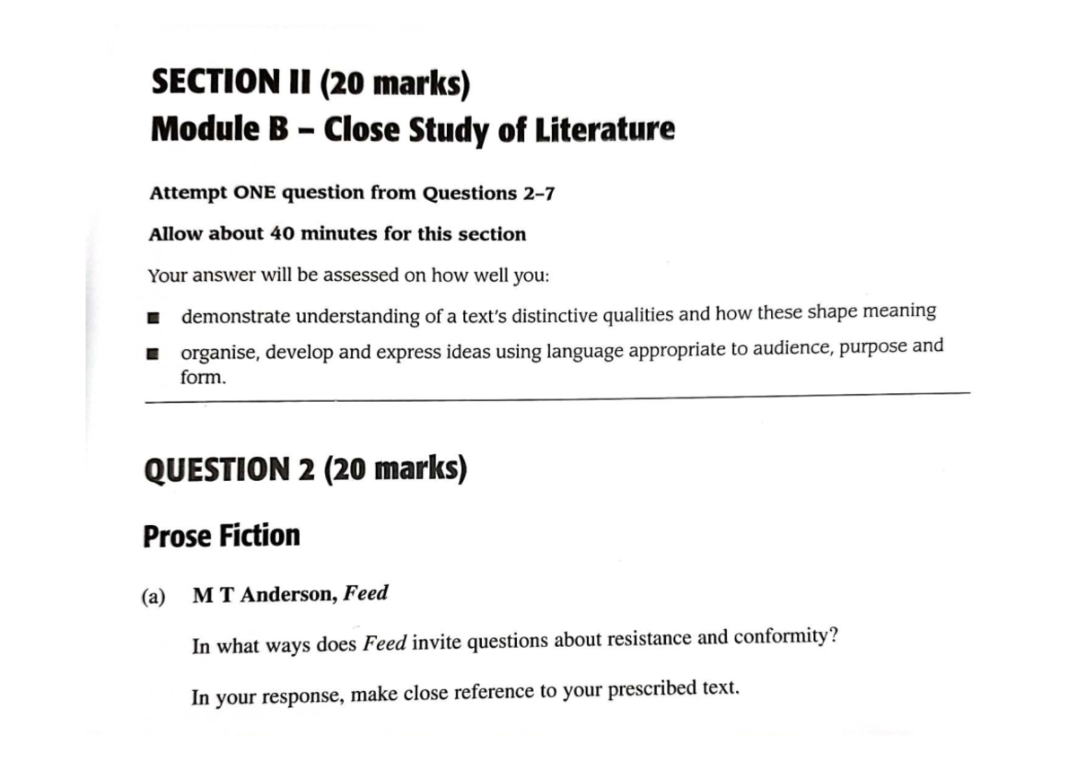 HSC English Standard Paper 2: Prose Fiction Essay on M.T. Anderson's ...