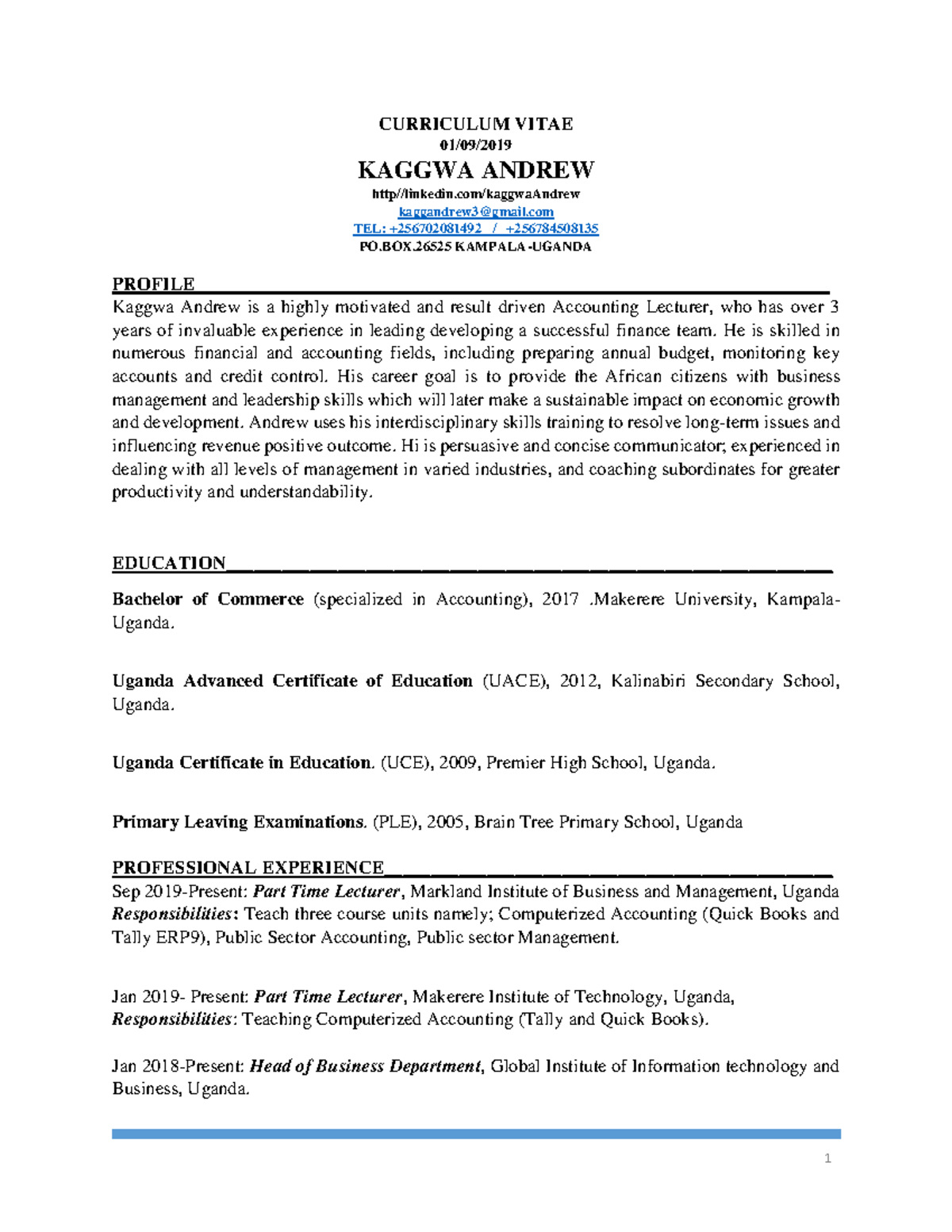 Curriculum Vitae of Kaggwa Andrew - Accounting Lecturer - Studocu