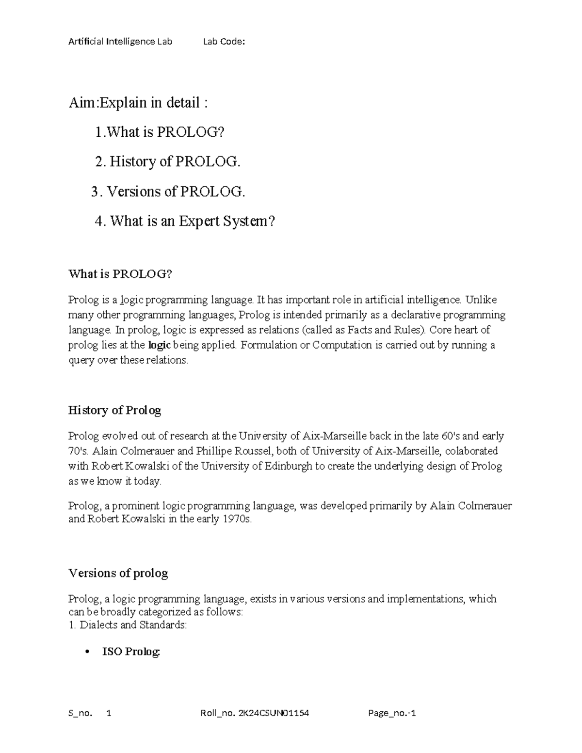 Artificial Intelligence Lab: Understanding PROLOG and Expert Systems - Studocu