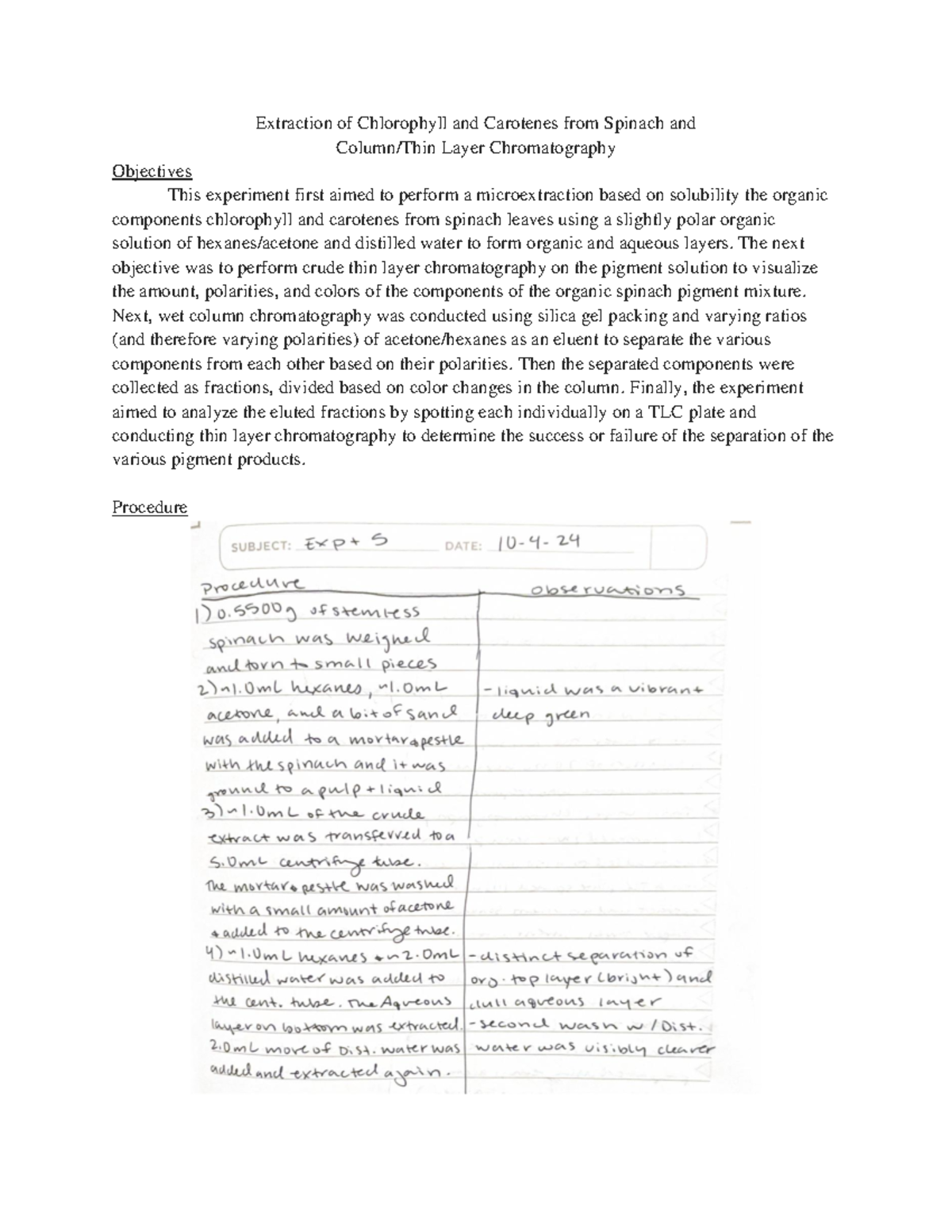 CHEM343 Lab Report 5- Extraction of Spinach and TL+WC Chromatography 1 ...