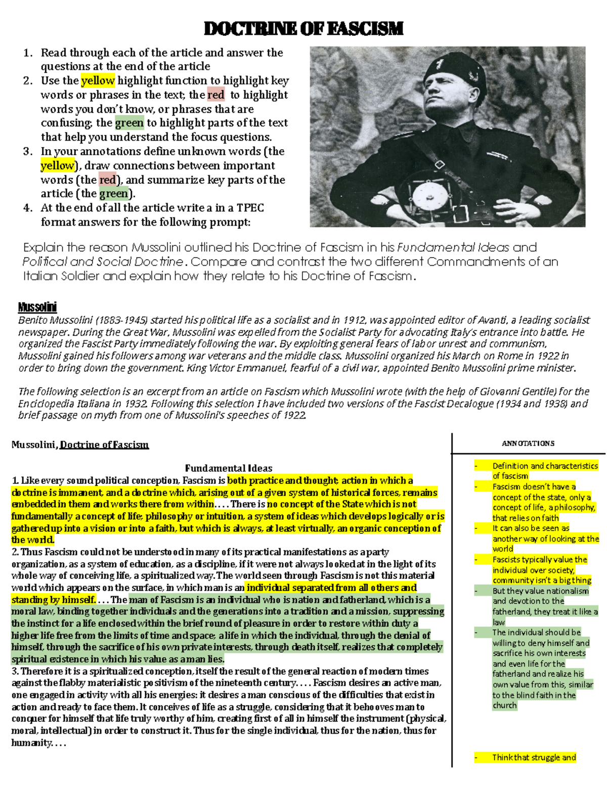 Mussolini's Doctrine of Fascism: Analysis and Ten Commandments of ...