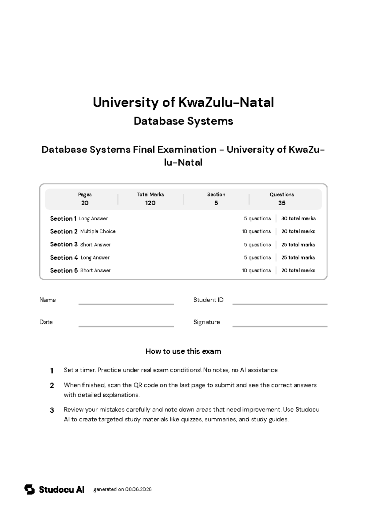 Database Systems Final Examination - University of KwaZulu-Natal - Studocu