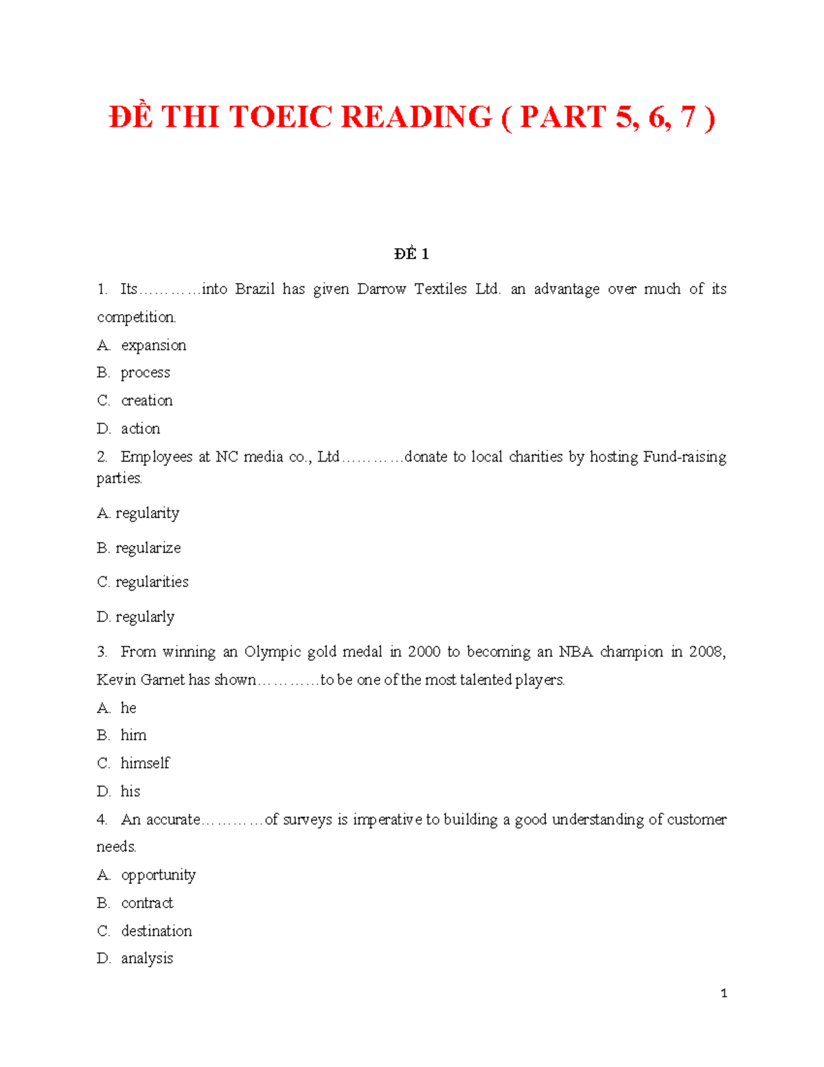 ĐỀ THI TOEIC READING (PART 5, 6, 7) - ĐỀ 1 TỔNG HỢP - Studocu