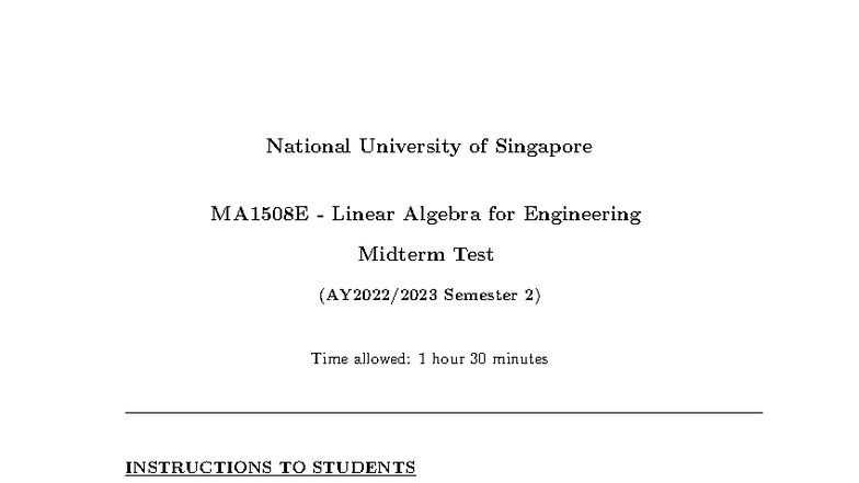 AY2223 Sem2 MA1508E Linear Algebra Midterm Exam Solutions - Studocu